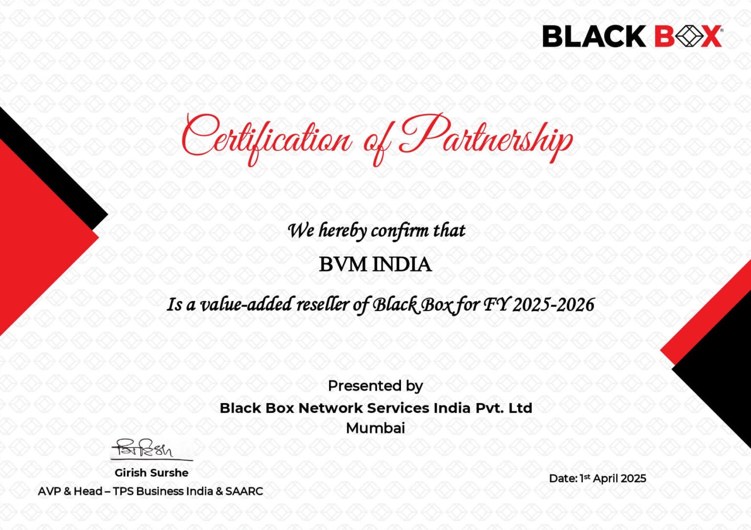 Certificates - BVM INDIA - A Division of BVM World Pvt. Ltd.